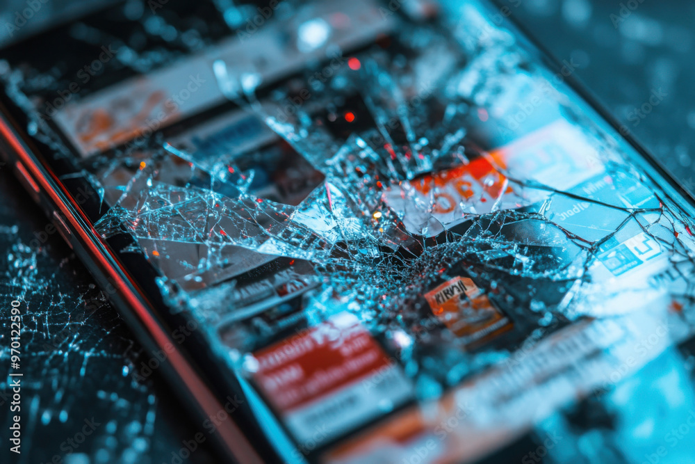 Broken smartphone screen with shattered glass, symbolizing damage ...