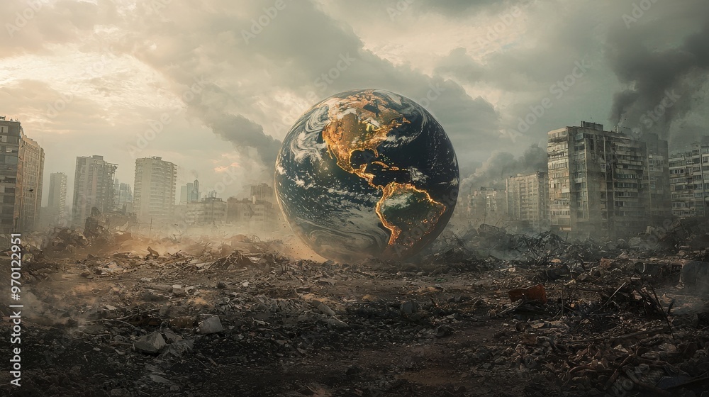 A damaged earth in a wasteland, showing the Americas engulfed by ...
