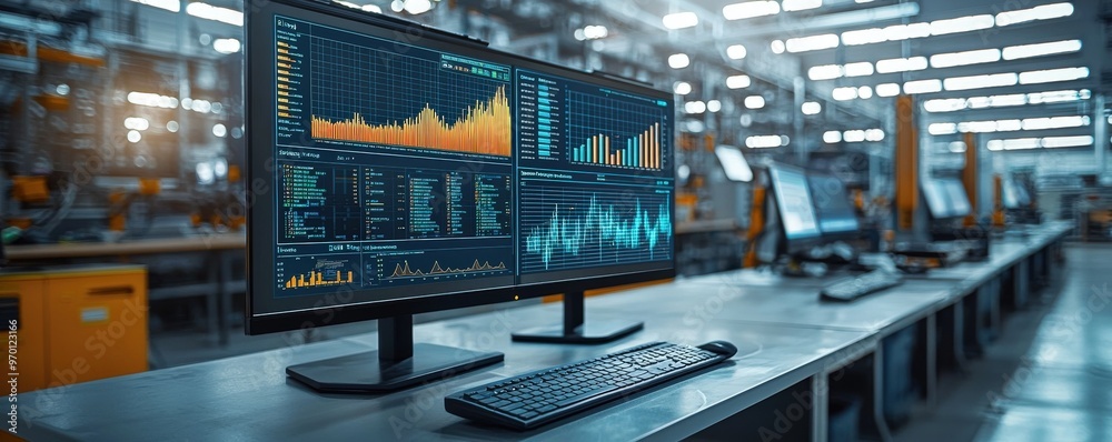 Digital dashboard showing real-time quality control metrics in a factory, data-driven QC, real ...