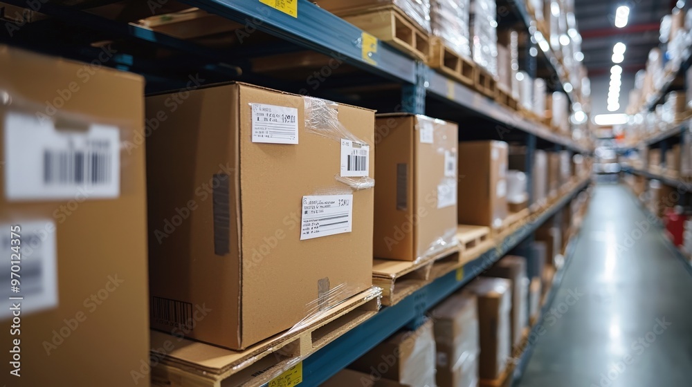Quality control tags attached to boxes on a warehouse shelf, product ...