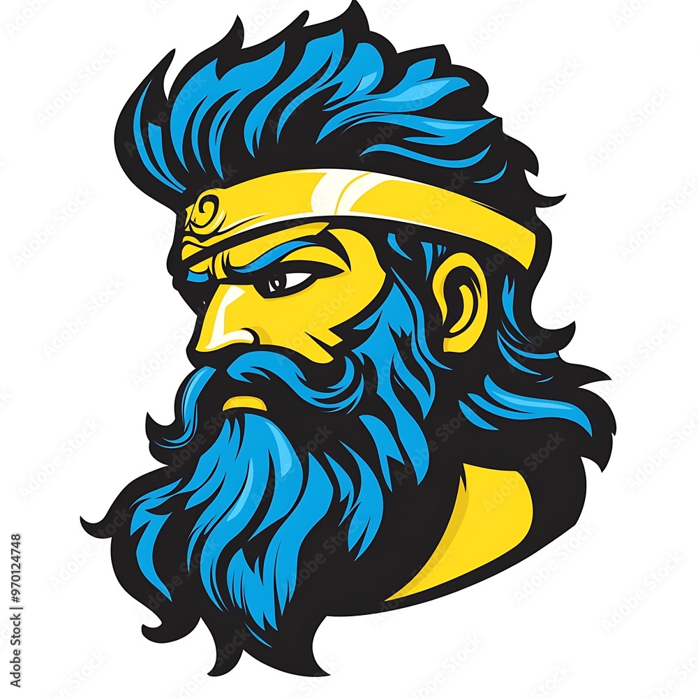 Cartoon illustration of a blue and yellow warrior mascot with beard and ...