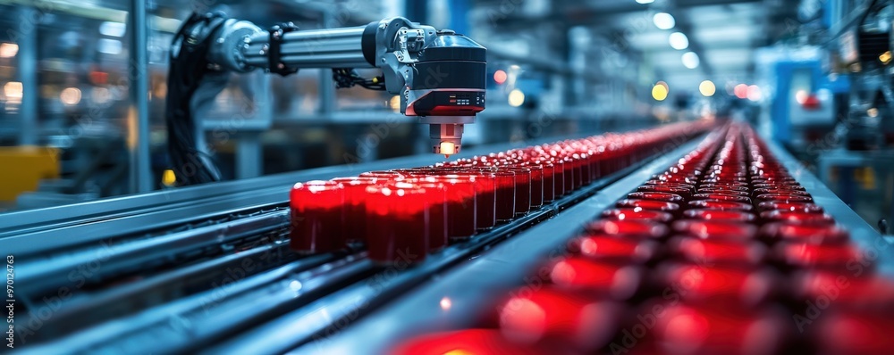 Robotic arm inspecting a product on a factory conveyor belt, automated ...