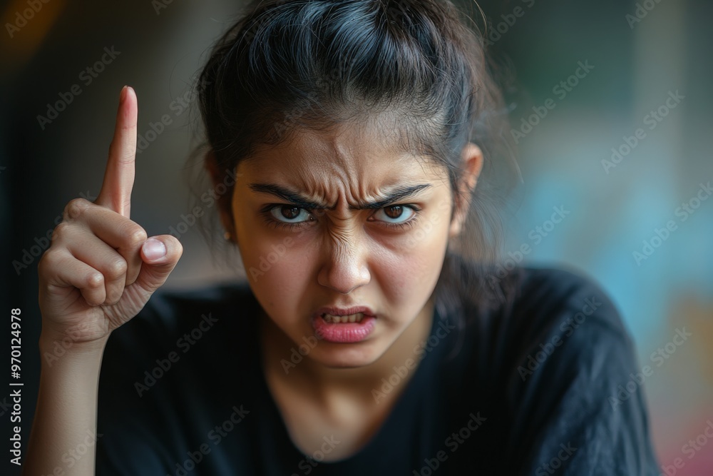 A young woman with an angry expression, furrowed brows, and a slightly ...