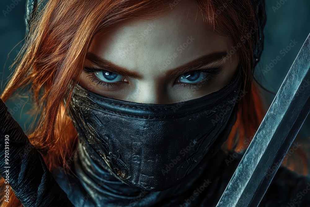 Red haired woman warrior assassin with dagger mask black leather outfit ...
