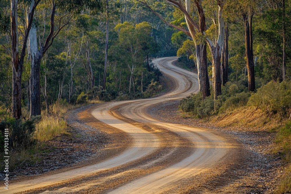 Remote Australian bush track through gum eucalyptus forest rural ...
