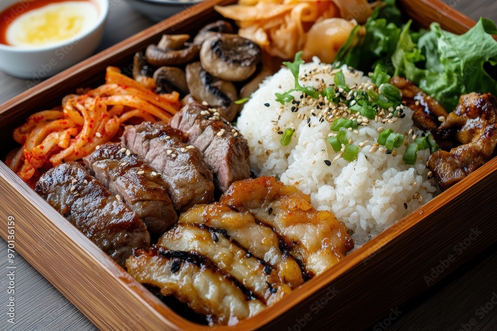 Sirloin pork cutlet bulgogi lunch box mushrooms squid side dish salad ...