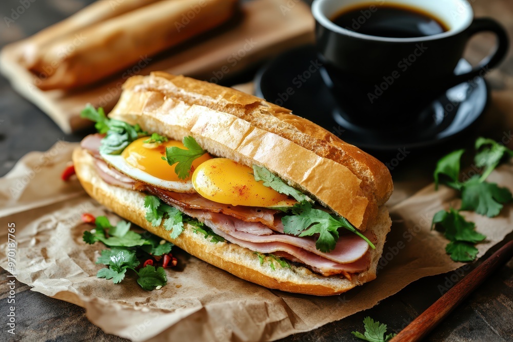 Snack at break time Banh mi thit and black coffee a popular Vietnamese sandwich Stock Photo ...