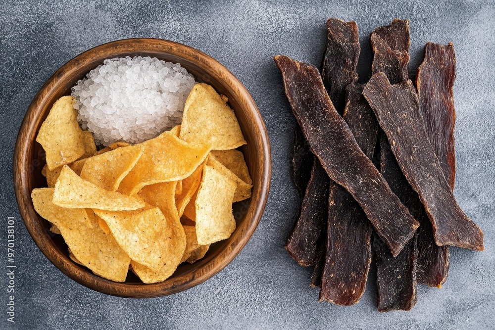 South African beef dried biltong with salt and vinegar crisps on grey ...