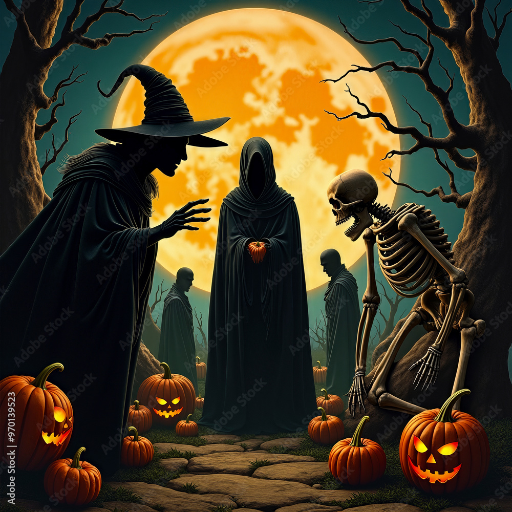 Vintage postcard of a Halloween themed scene with a large full moon in ...