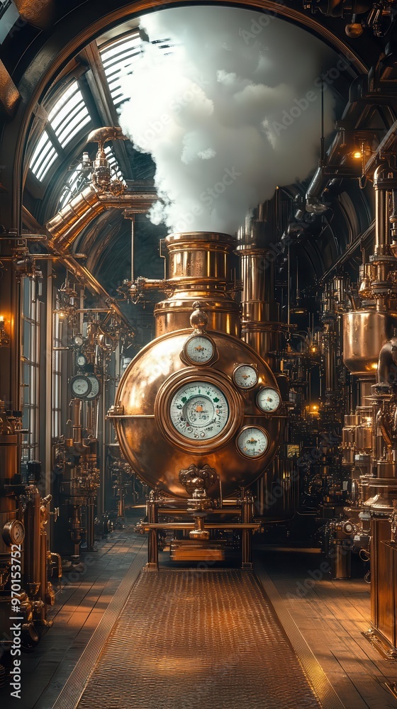 steampunk water treatment facility intricate brass pipes and valves ...