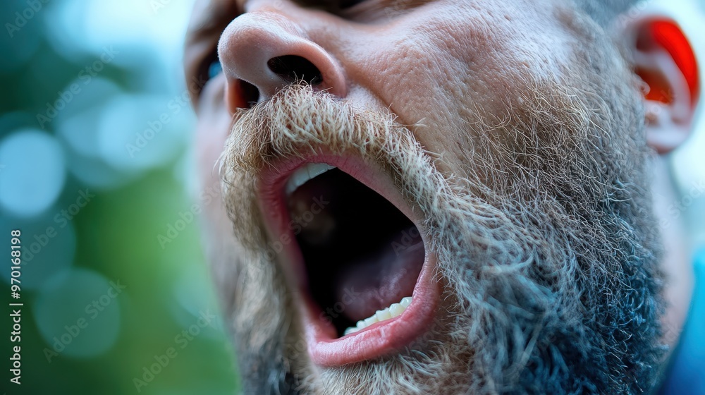 A vivid close-up of an older bearded man shouting with his mouth wide ...