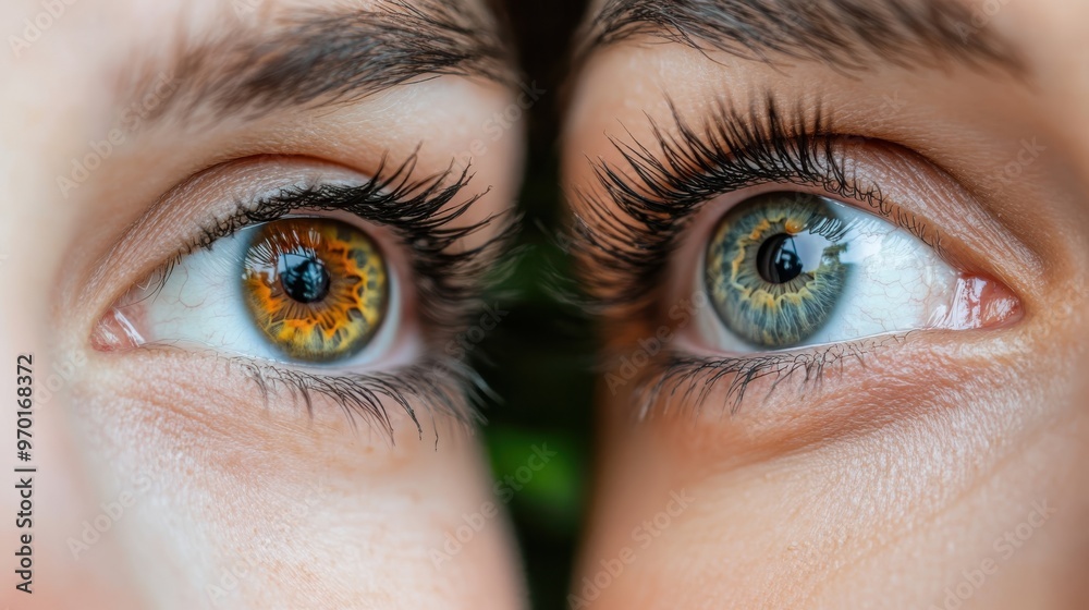 A close-up photograph showing two human eyes side by side, one with an ...