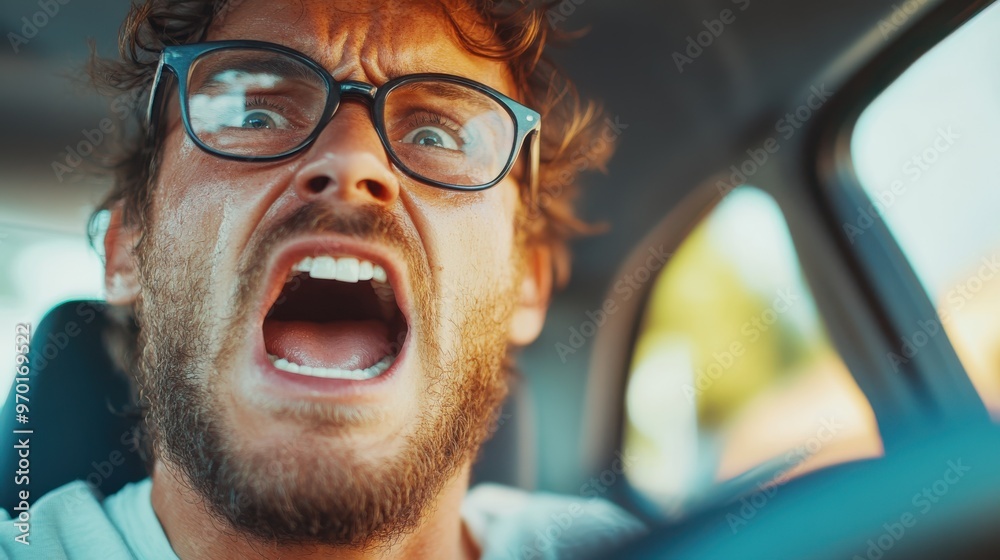 A close-up of a visibly angry man with glasses, sweating and yelling ...
