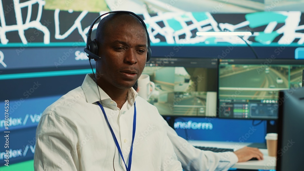 African american dispatch operator gives directions and gps coordinates ...