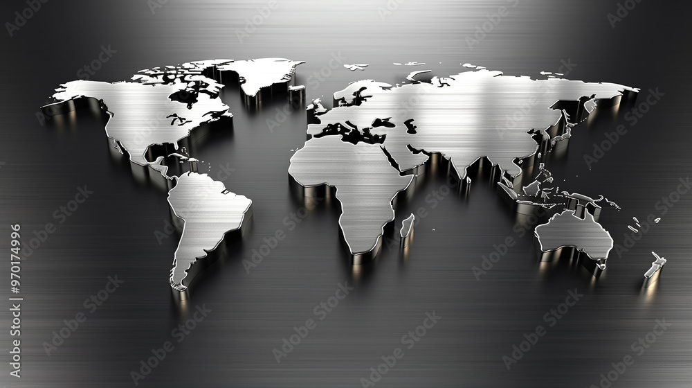 Abstract silver world map isolated in dark backdrop. Global silver ...