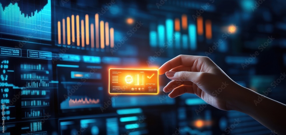 Hand holding a digital stock market hologram in a futuristic data visualization setting ...