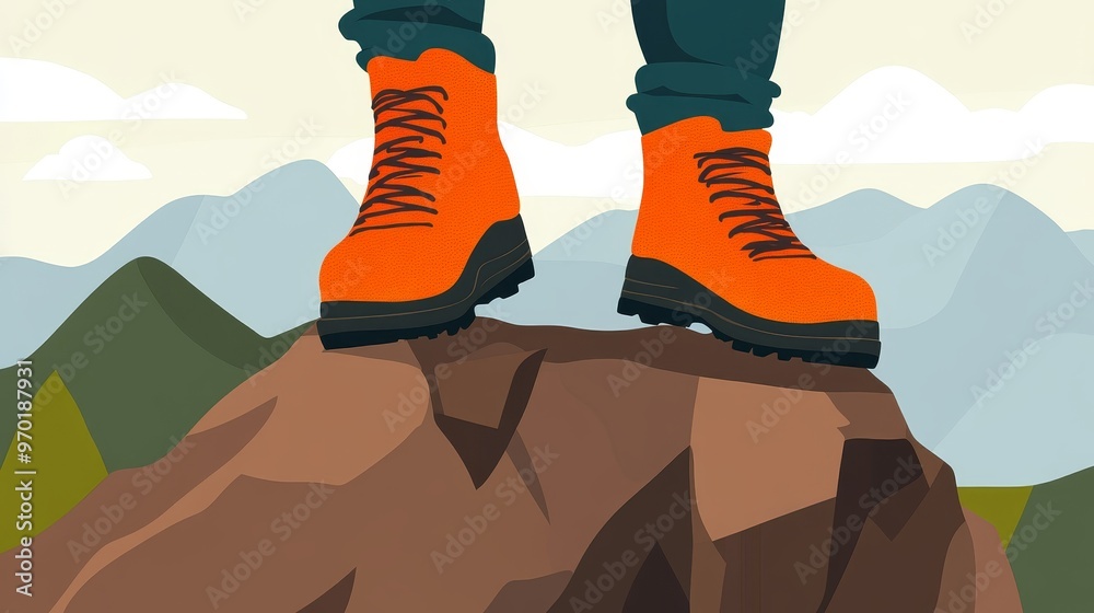 Vector illustration of legs and feet standing on a mountain peak ...