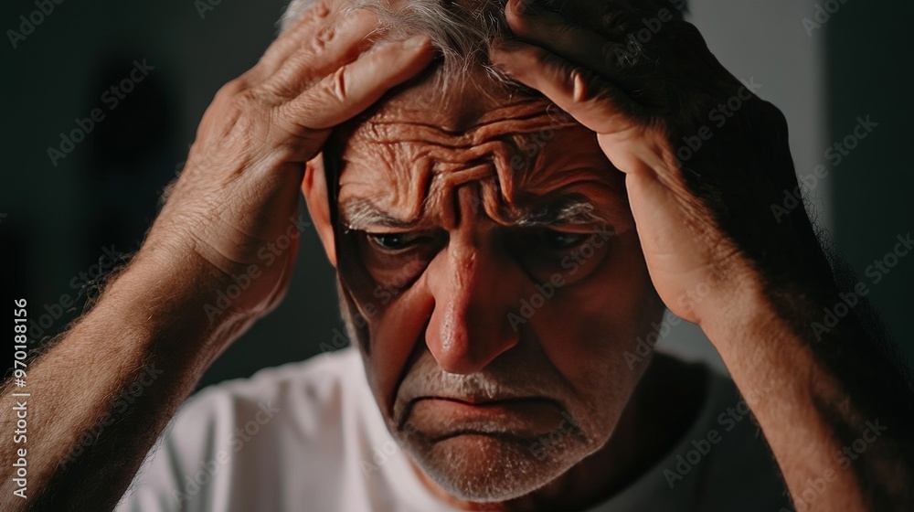 Sad elderly man struggling with dementia and emotional problems ...