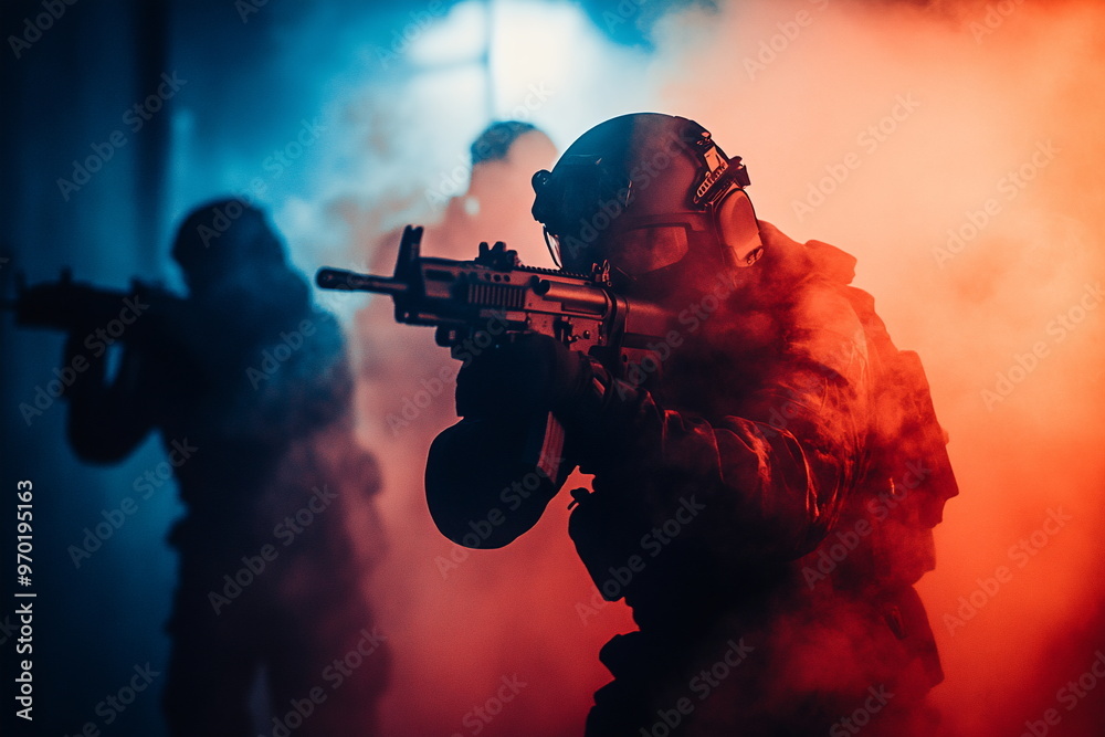 Fictional tense battlefield with armed players, smoke grenades, and ...