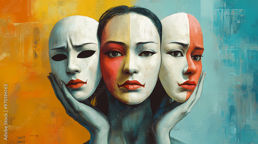 Theatrical figure holding contrasting emotion masks blending realism ...