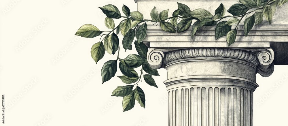Ancient Roman column entwined with leafy plants A blend of hand drawn ...