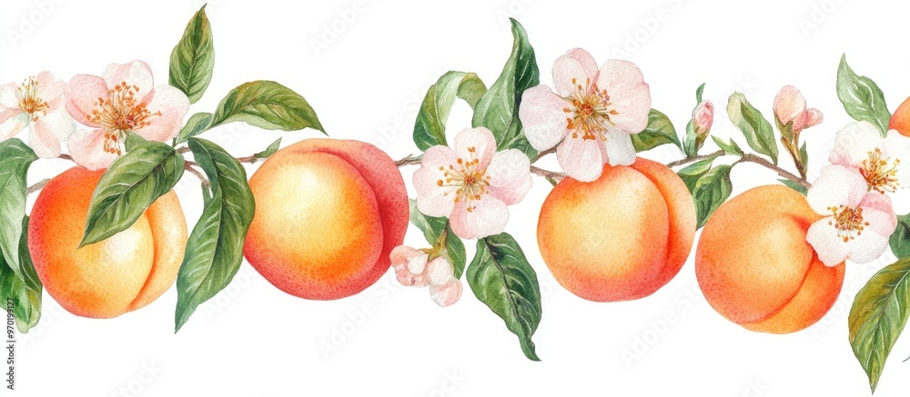 Watercolor illustration of Chinese fig peaches with leaves and flowers ...