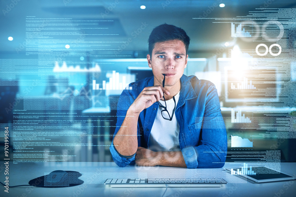 Thinking, coder and man in office, night and overlay of interface ...