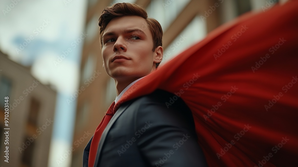 Young man in suit and red cape posing on camera acting confident as a ...