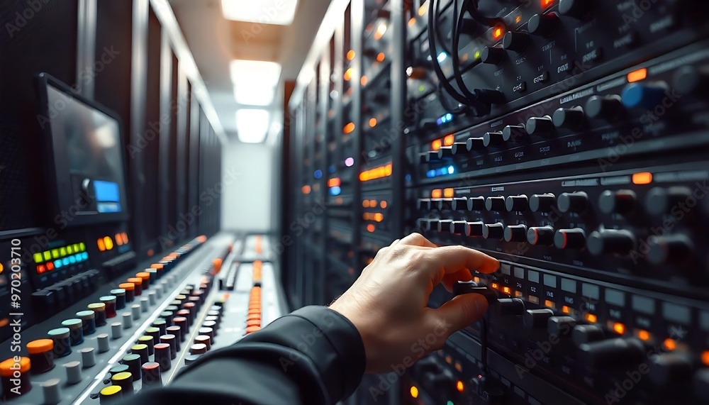 A person's adjusting the controls of a working in a high-tech server ...