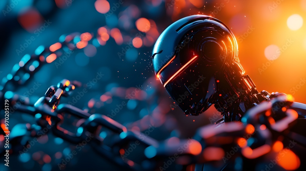 A futuristic robot, its chains breaking into fine legal dust ...