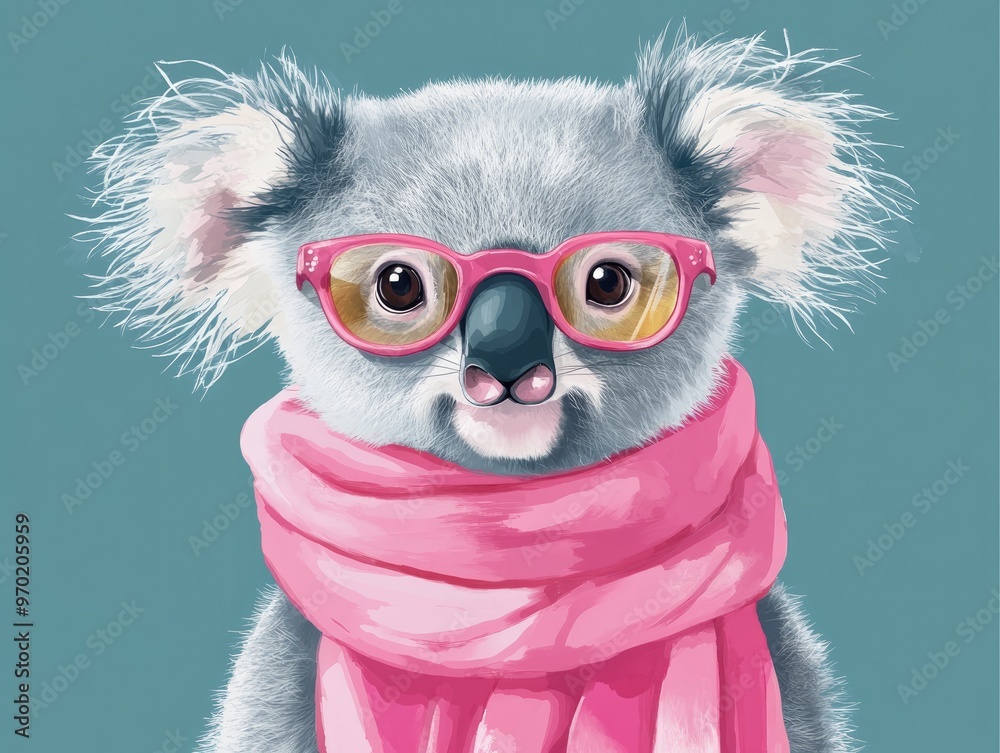 2D cartoon illustration of a koala wearing a pink scarf and glasses ...