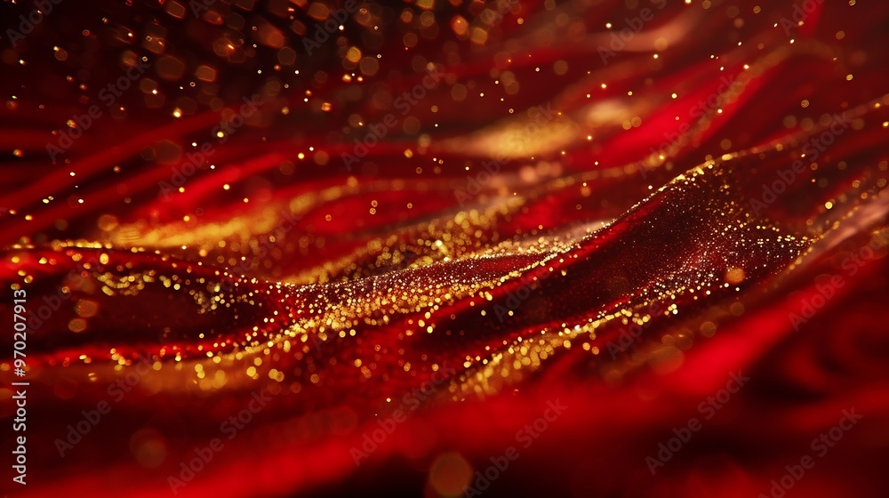 Whirling Gold Particles in Red Fluid Magical waves of golden glittering ...