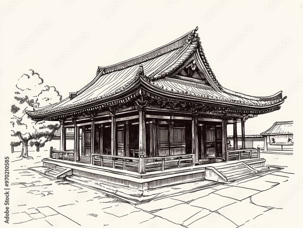 Traditional shrine architecture in an eastern region illustrated in ...