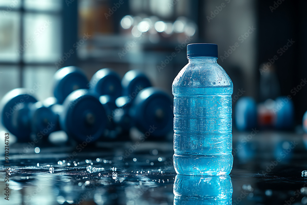 A plastic bottle filled with energy drink sits on a table in a dark ...