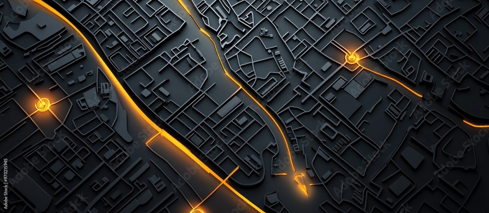 Black paper street map with top light illumination showcasing a ...