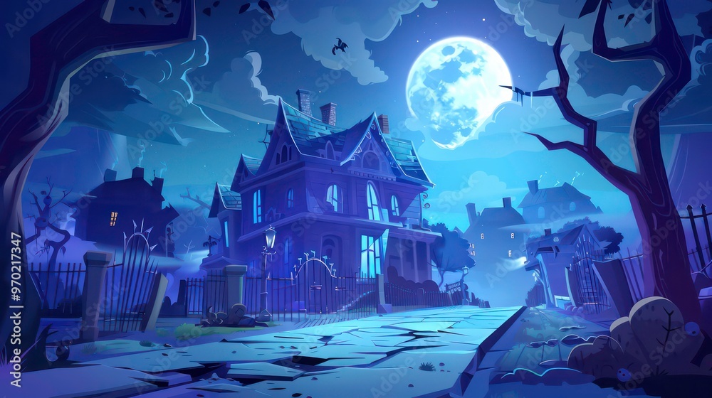 A spooky, shadowy street lined with ominous houses at night. A large ...