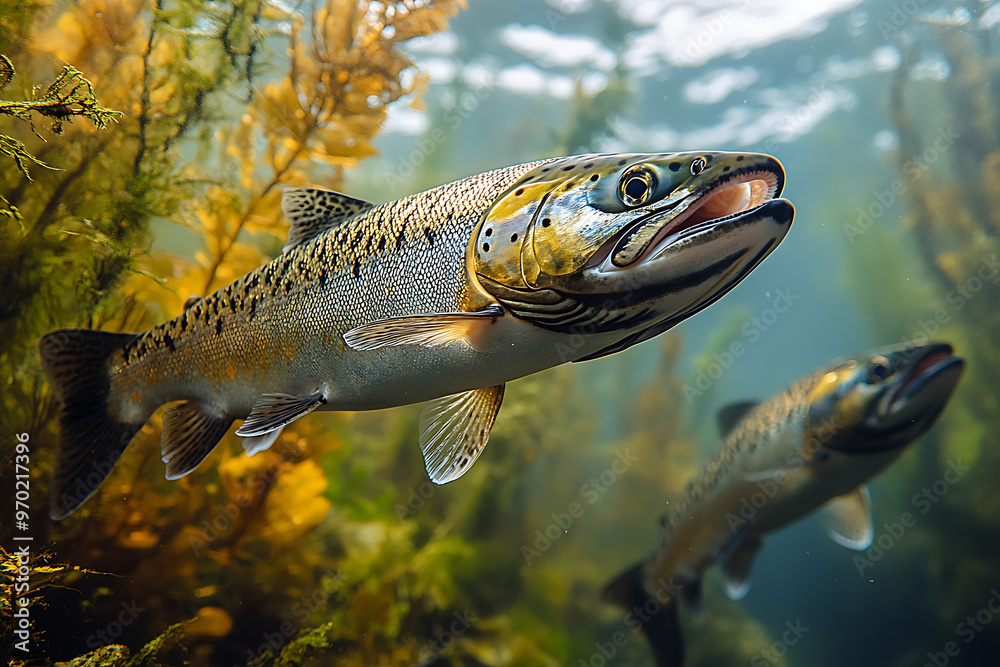 A realistic photo of wild salmon swimming upstream in a river during ...