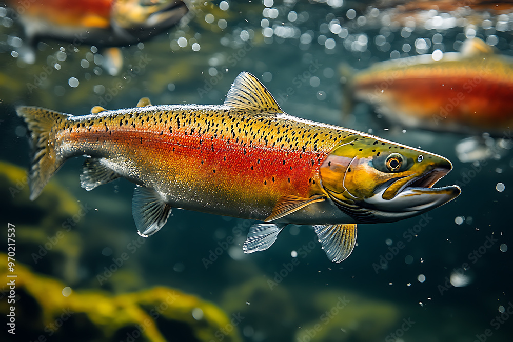 A realistic photo of wild salmon swimming upstream in a river during ...