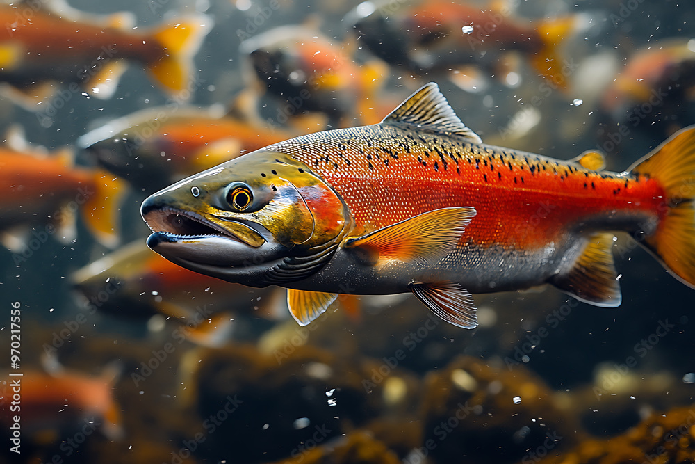 A realistic photo of wild salmon swimming upstream in a river during ...