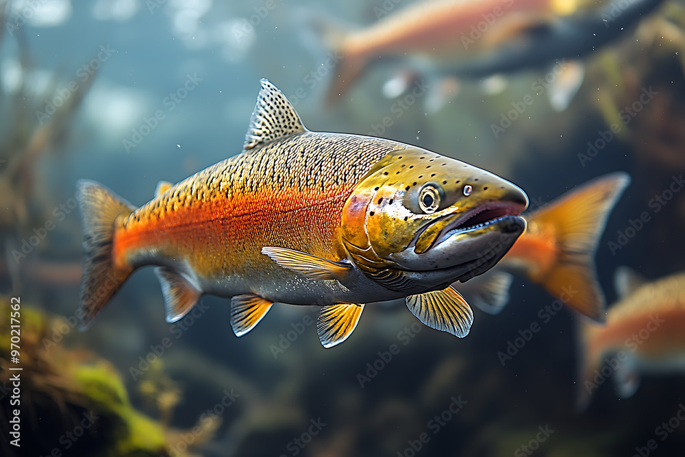 A realistic photo of wild salmon swimming upstream in a river during ...