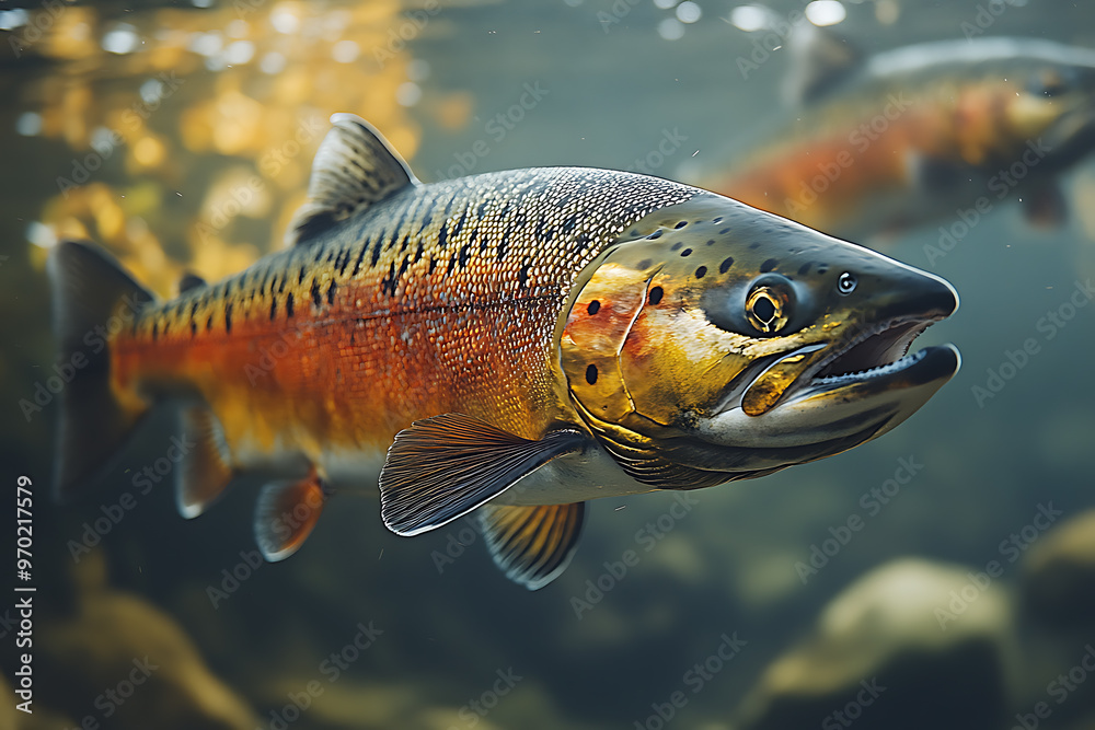 A realistic photo of wild salmon swimming upstream in a river during ...