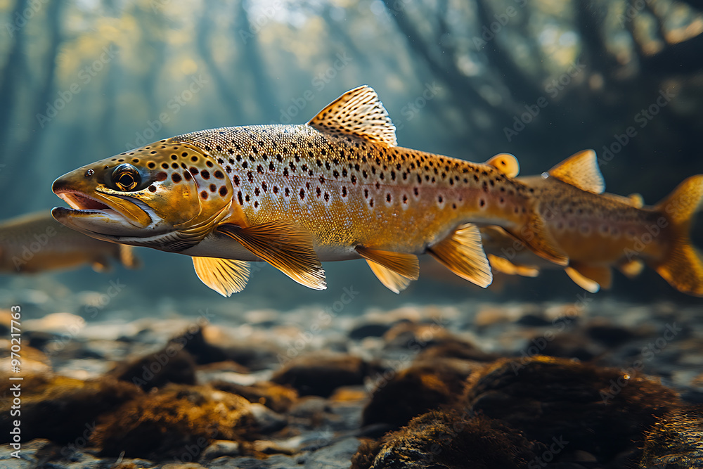A realistic photo of wild salmon swimming upstream in a river during ...