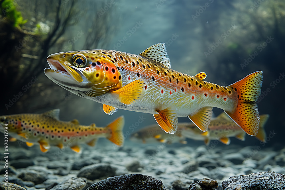 A realistic photo of wild salmon swimming upstream in a river during ...