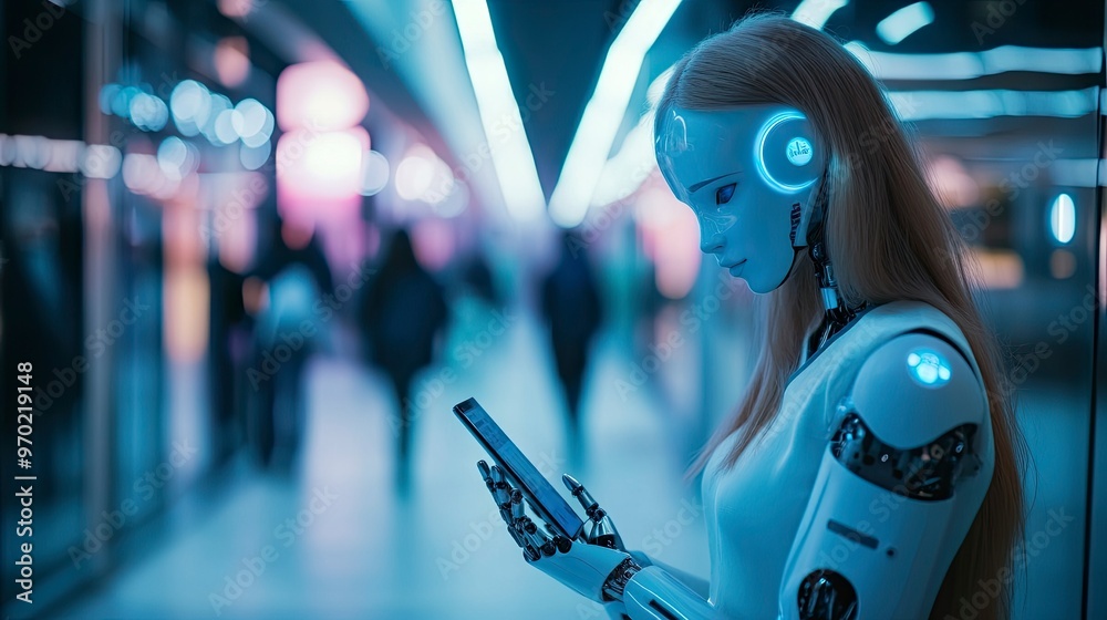 Woman using chat bot in smartphone intelligence Ai. Chat with AI ...