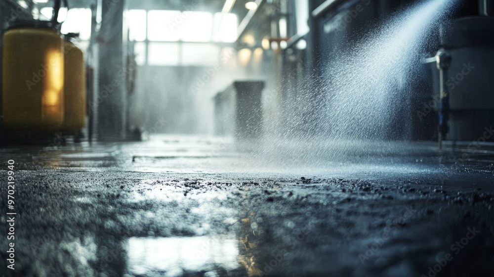 Dynamic water spray from a hose, hitting a grimy concrete floor, with ...