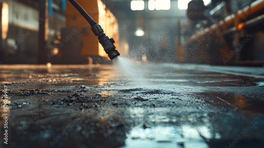 Dynamic water spray from a hose, hitting a grimy concrete floor, with ...