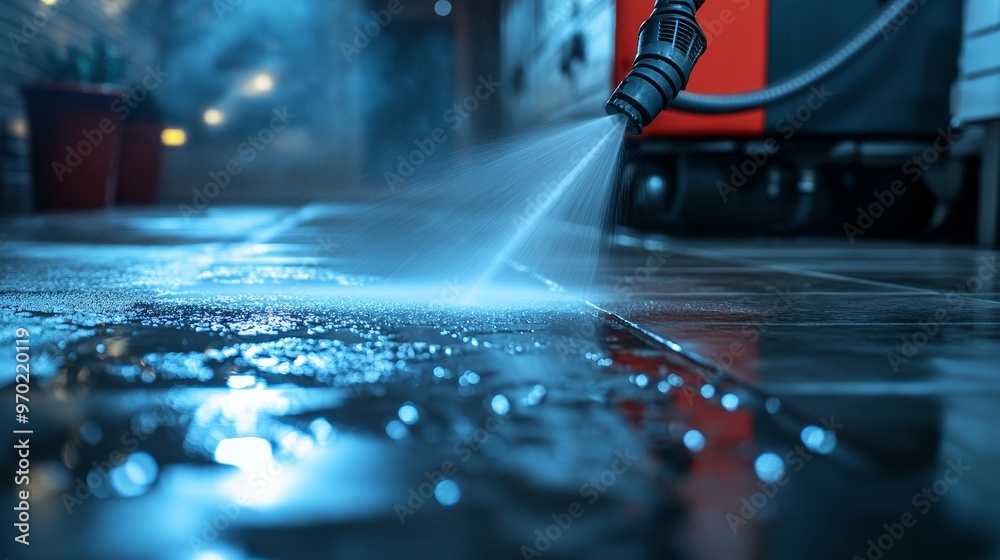 Floor being deep cleaned by a high-pressure washer, water splashing and ...