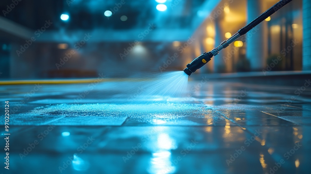 Floor being deep cleaned by a high-pressure washer, water splashing and ...