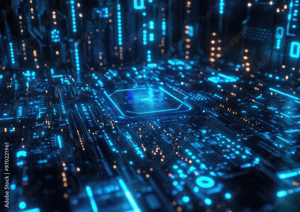 High tech digital circuit board featuring an AI pad and interconnected ...