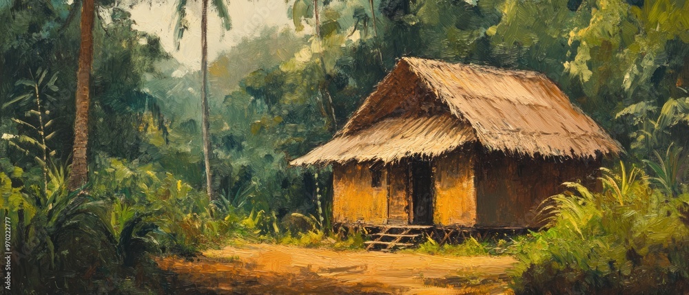 Oil painting depicting a traditional house designed for the male ...